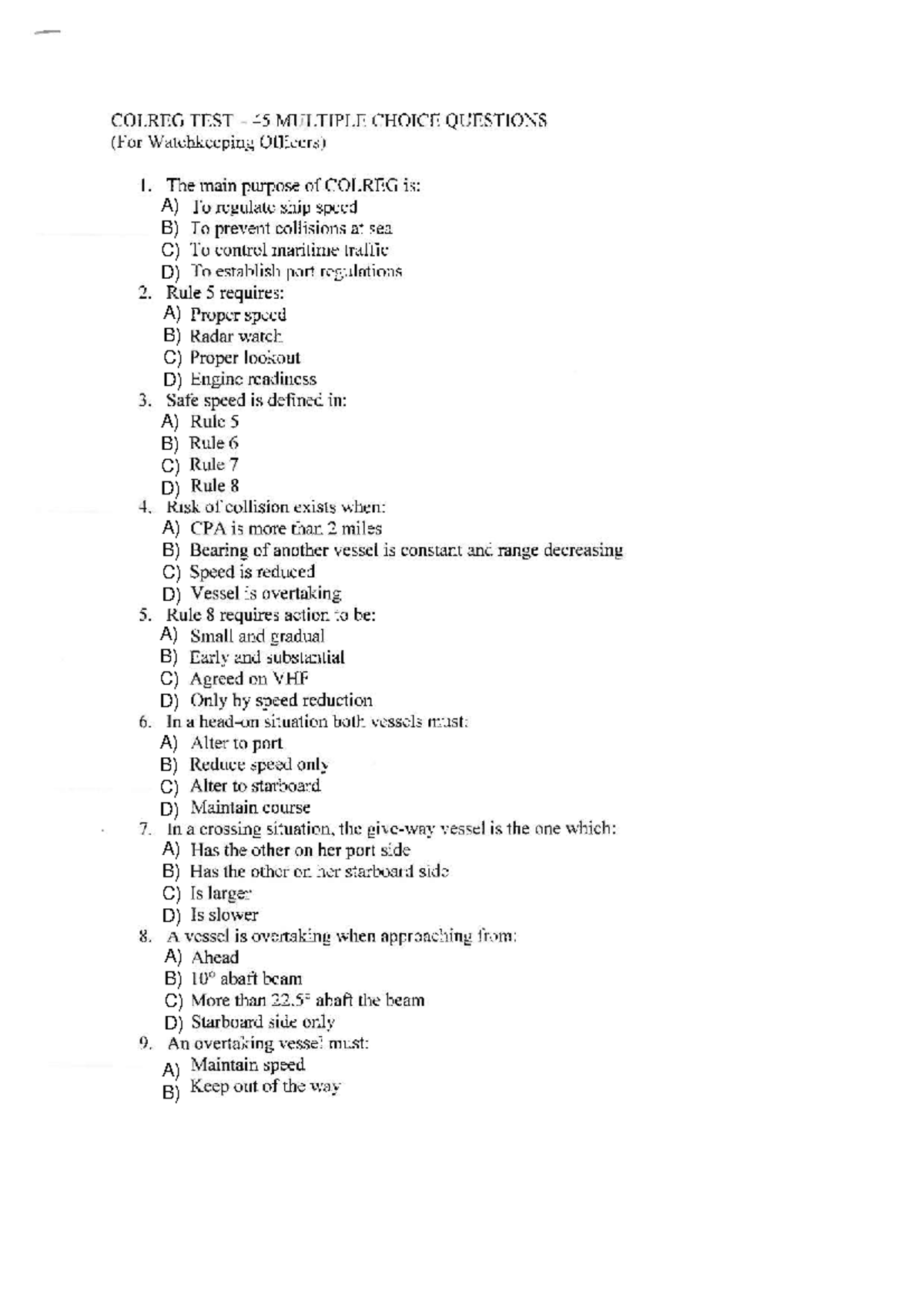 Colreg Study Notes for Course Code: gergeryger3yg - Studocu