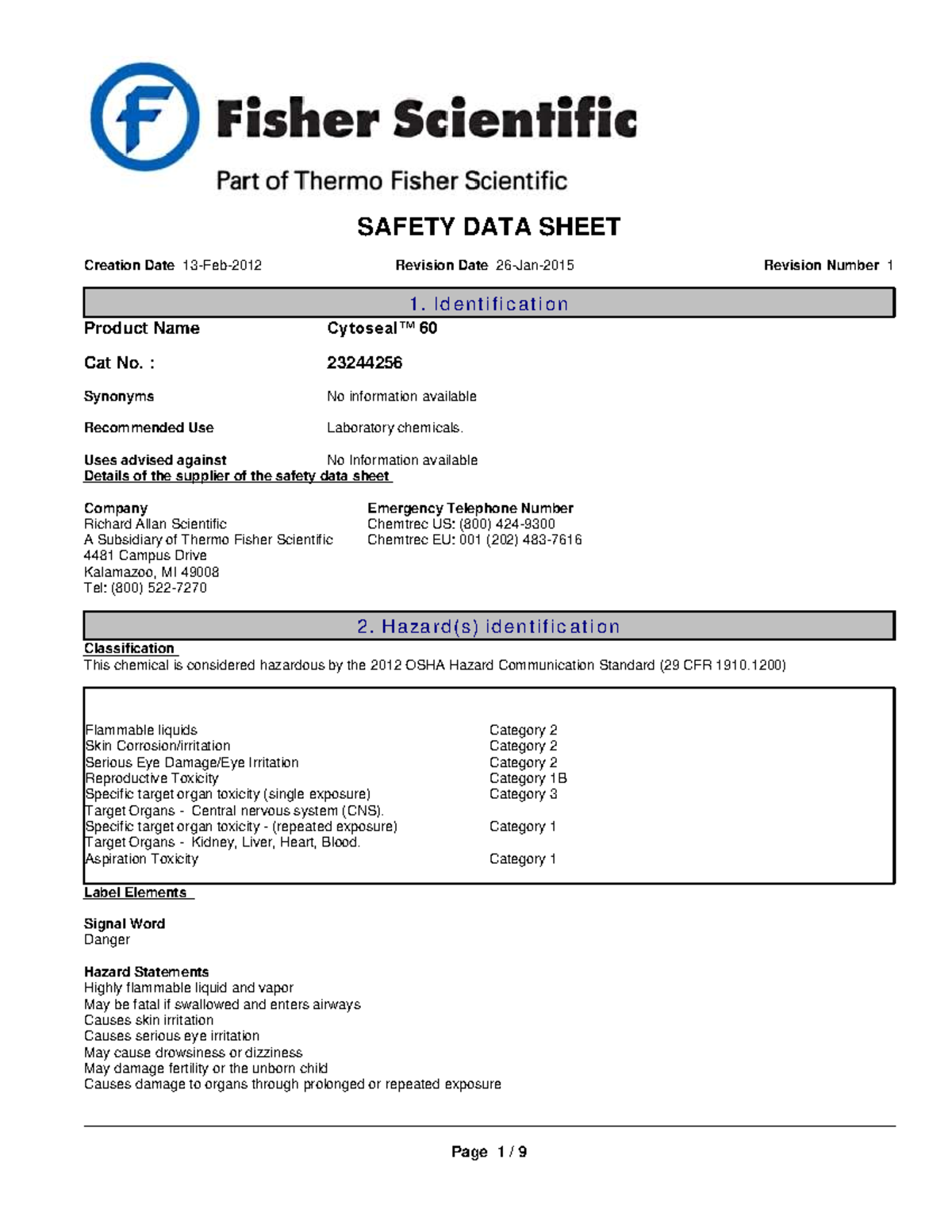 Cytoseal 60 - Comprehensive Chemical Safety Data Sheet - Studocu