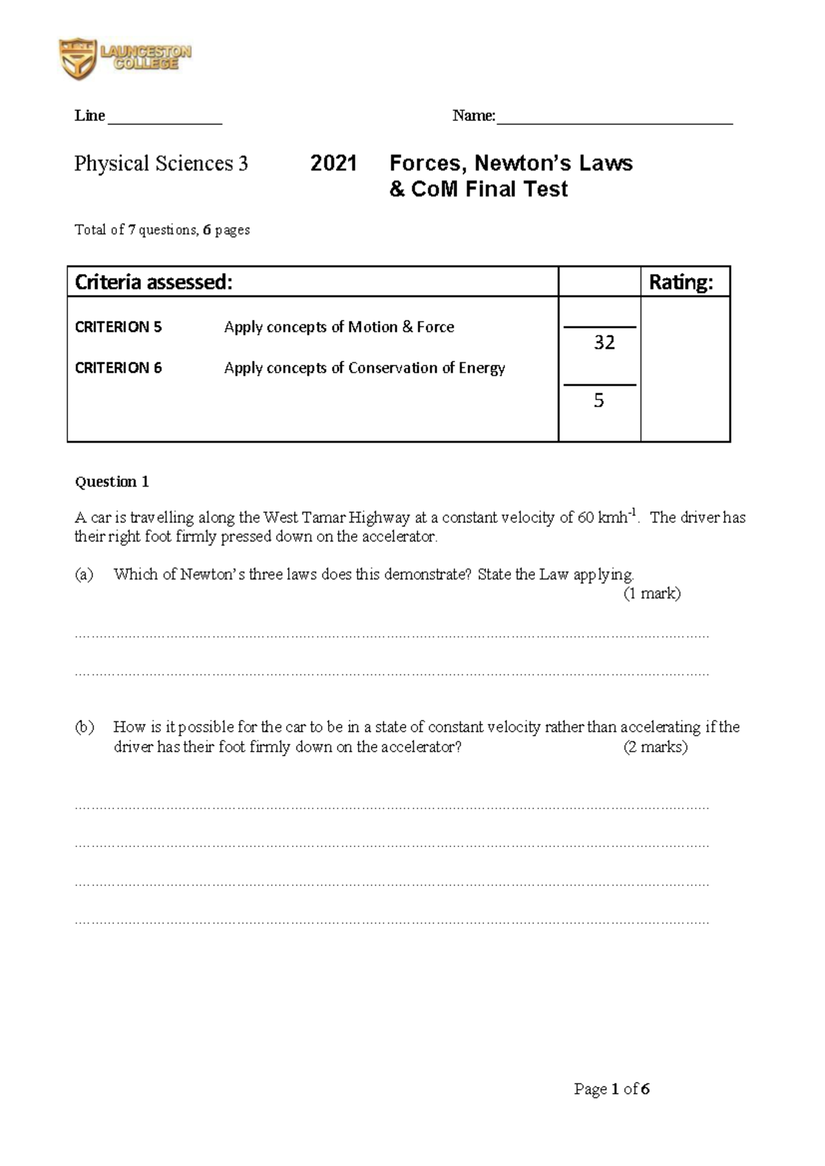 Physical Sciences 3: Forces & Newton’s Laws Final Test - Studocu