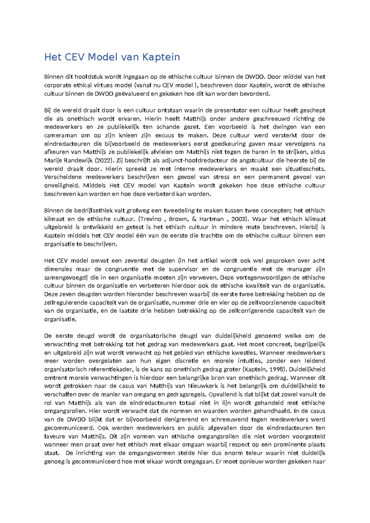 Kaptein's CEV Model: Evaluating Ethical Culture in DWDD - Studeersnel