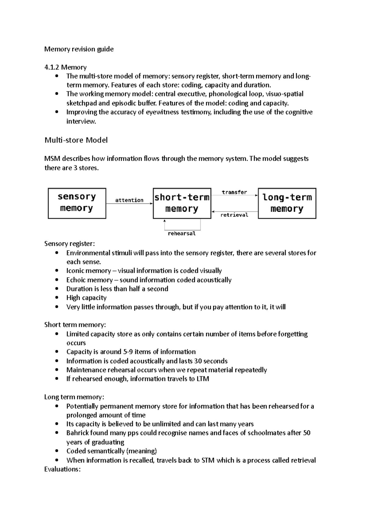2. Memory revision guide - Memory revision guide 4.1 Memory The multi-store model of memory ...