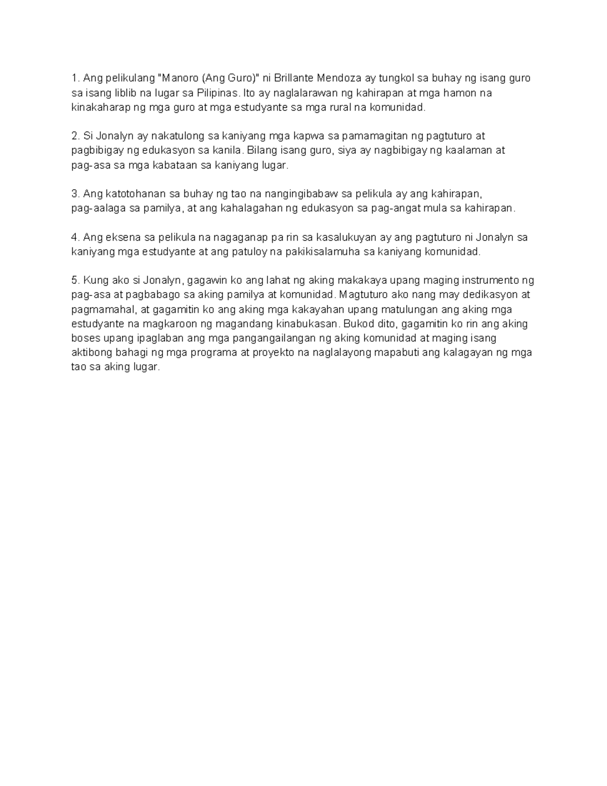 Filipino Takda: Pagsusuri sa Pelikulang "Manoro (Ang Guro)" - Studocu