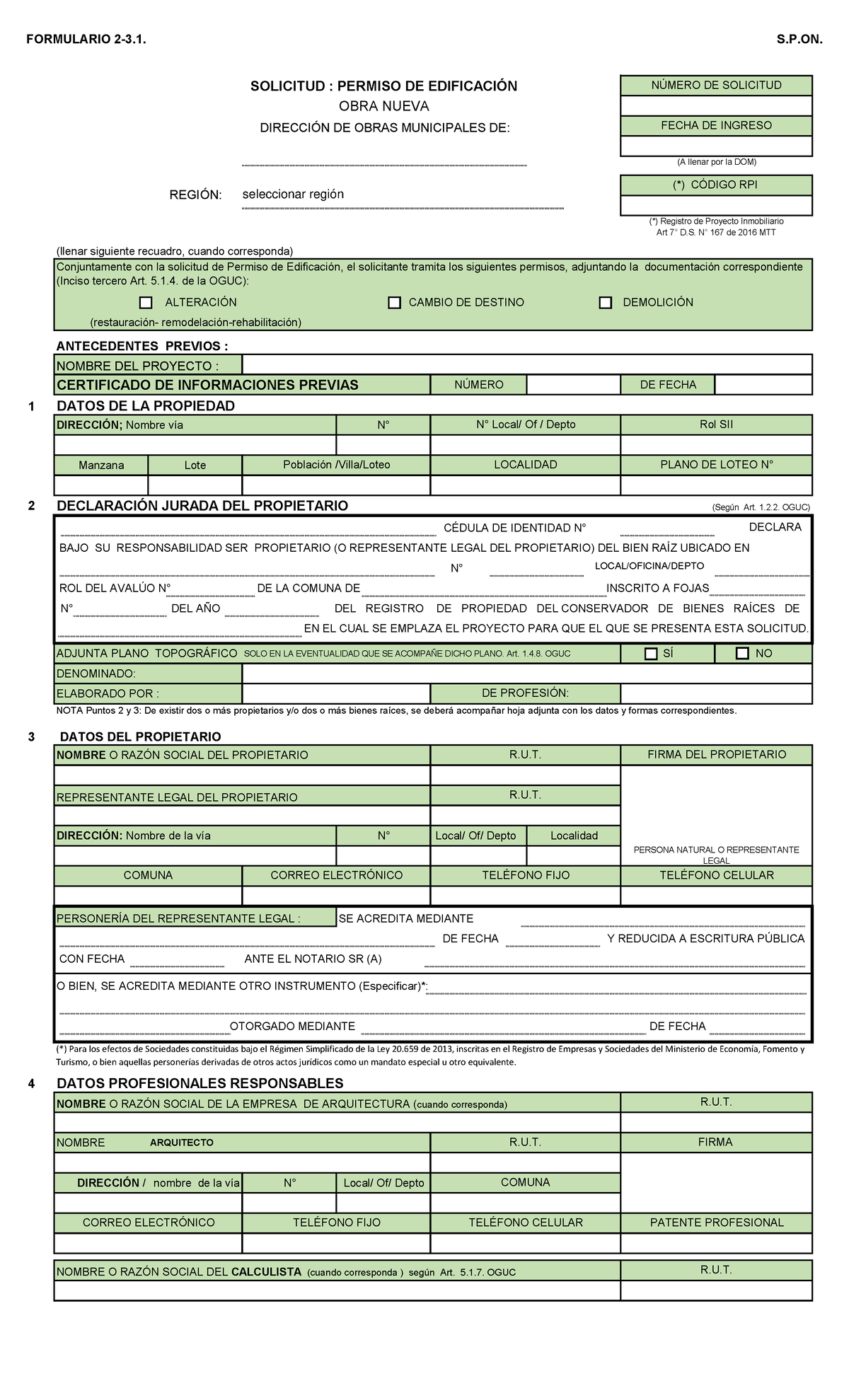 Formulario S.P.ON. Solicitud de Permiso de Edificación Obra Nueva - Studocu