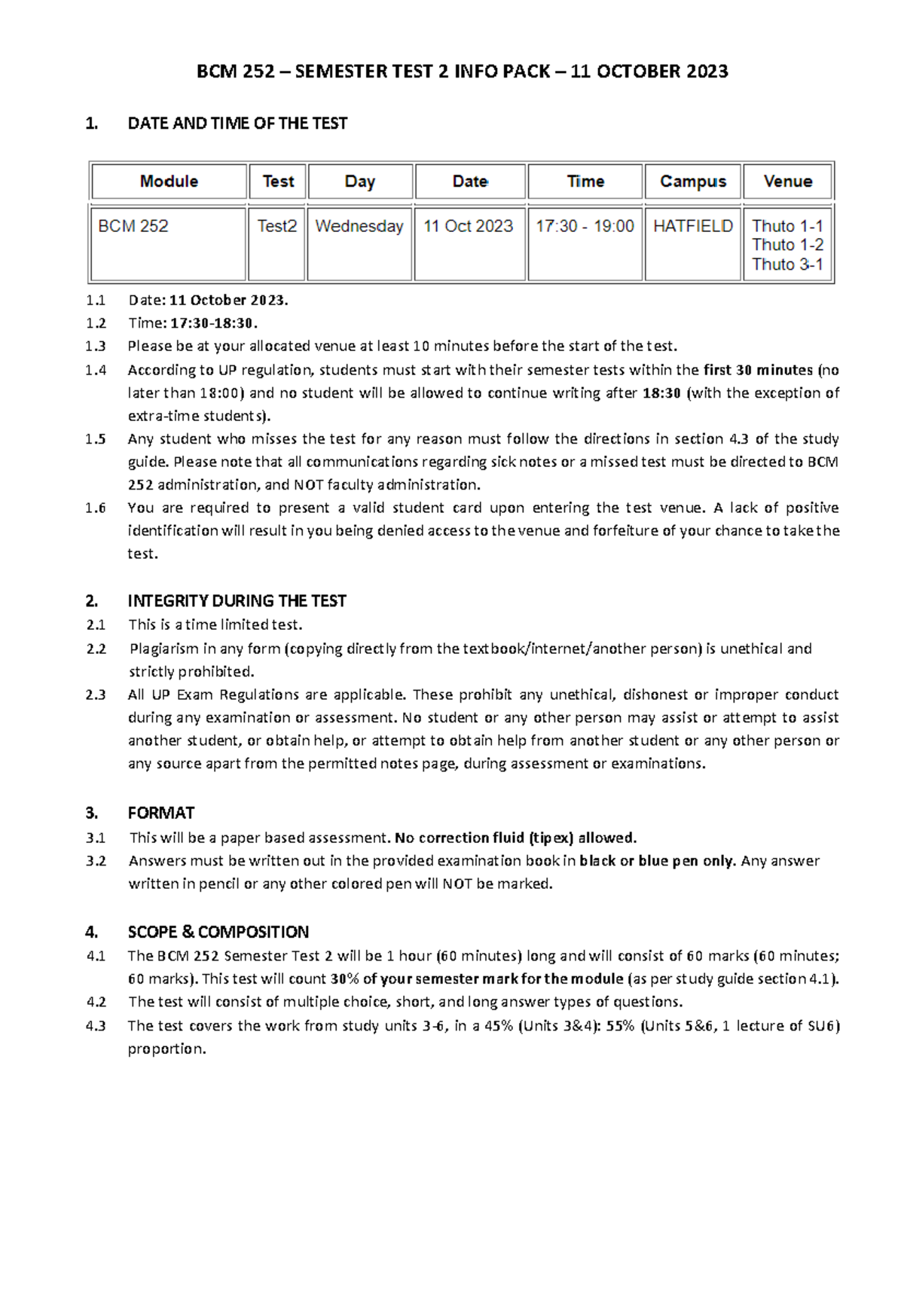 BCM 252 Semester Test 2 Info Pack 11 October 2023 - BCM 252 – SEMESTER ...