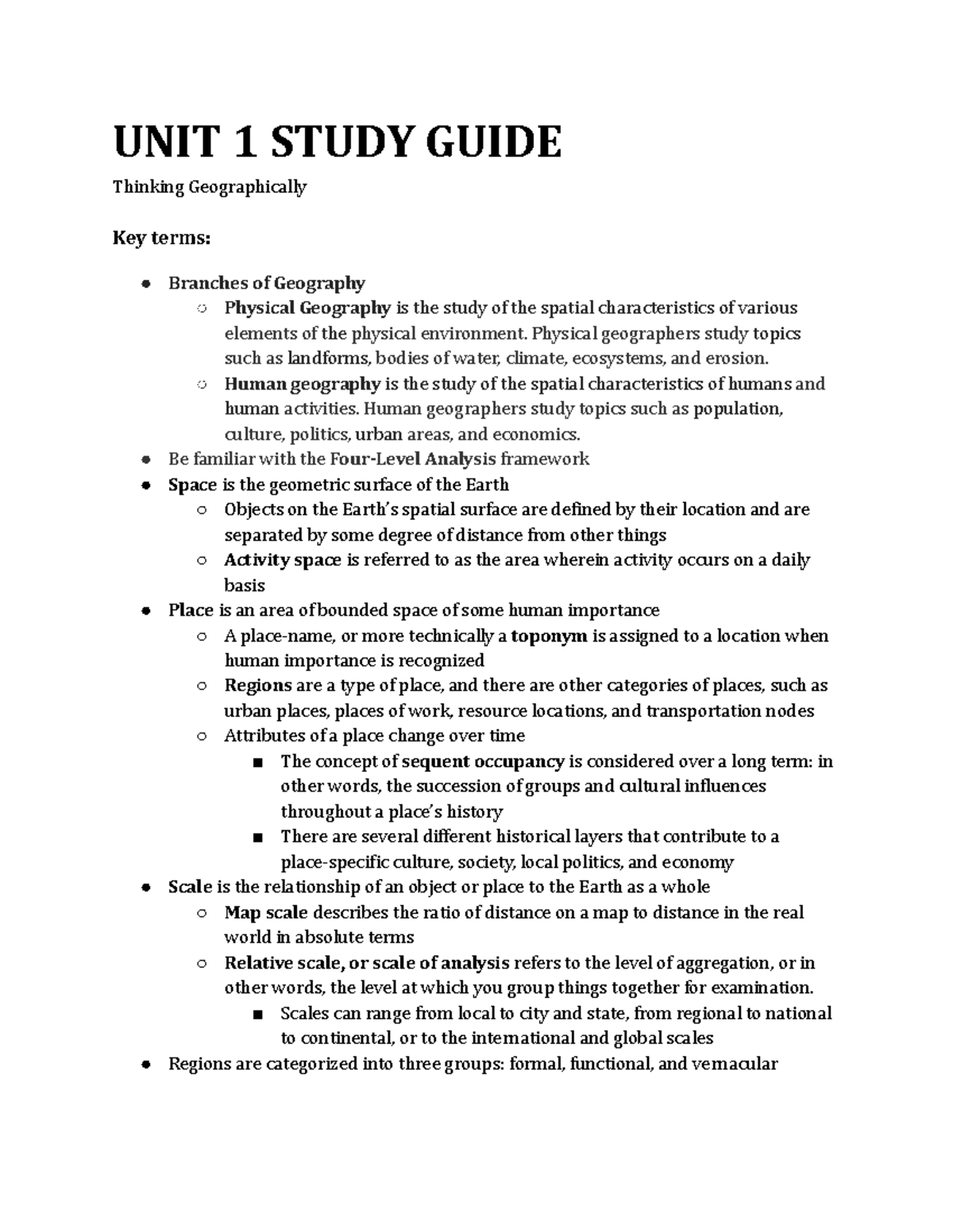 APHG 101 - UNIT 1 Study Guide: Key Concepts in Geography - Studocu