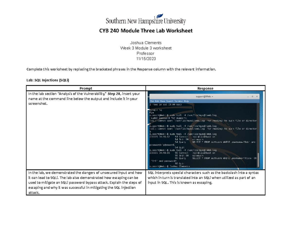 CYB 240 Module 3-2 SQL Injection & Session Stealing Lab Worksheet - Studocu