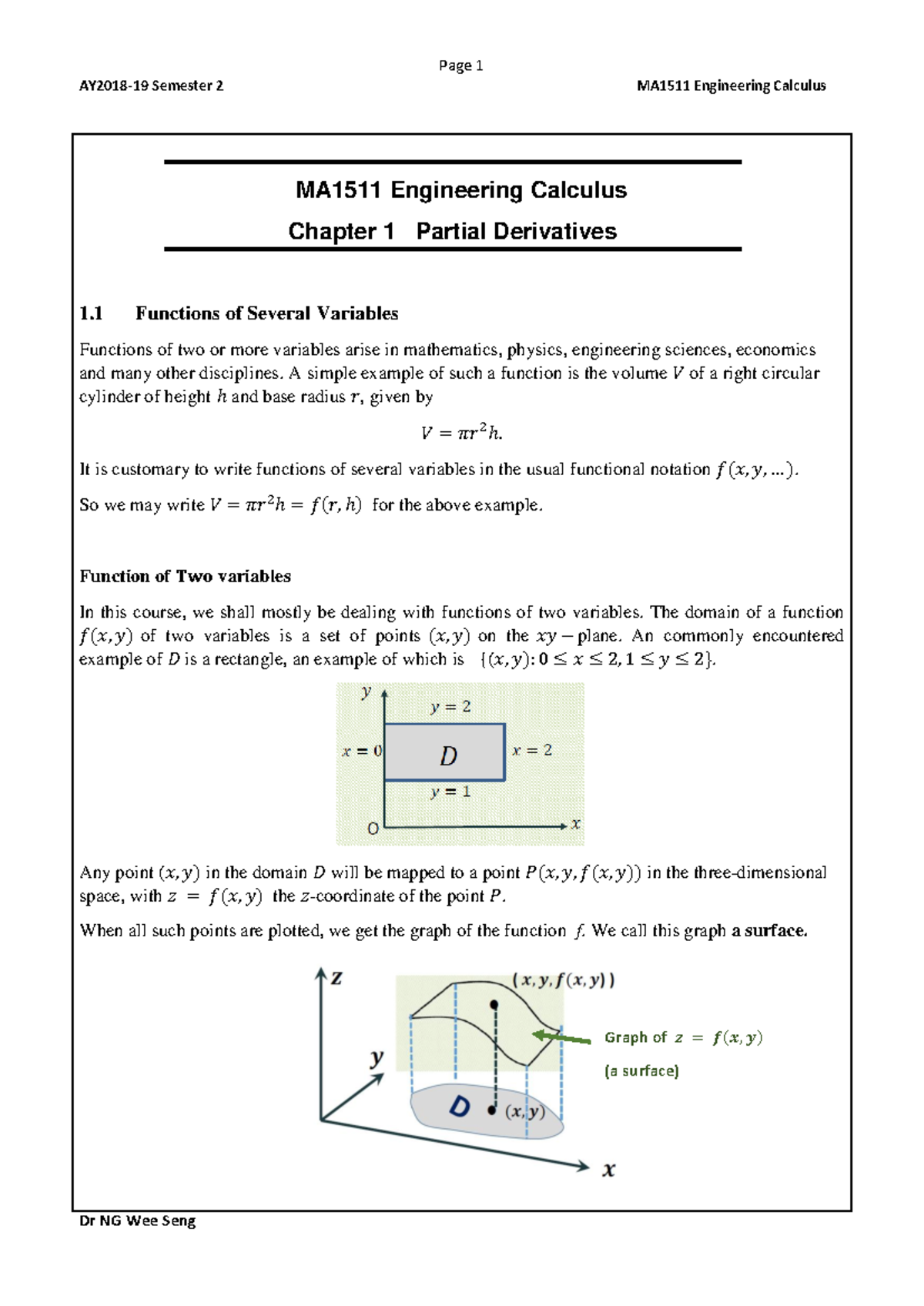 MA1511 Engineering Calculus: Chapter 1 - Partial Derivatives Notes ...