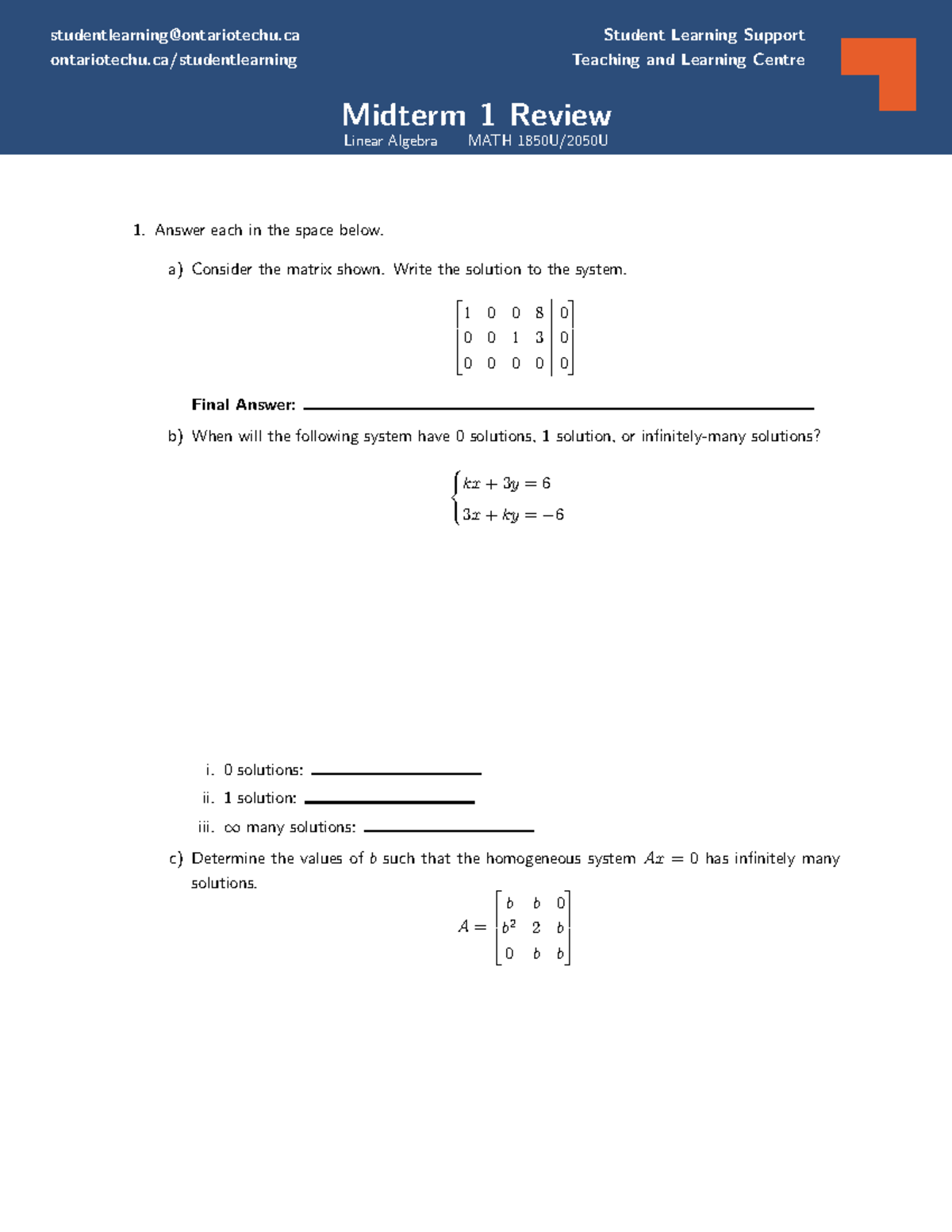 Midterm 1 Review for Linear Algebra MATH 1 - Student Learning Support ...