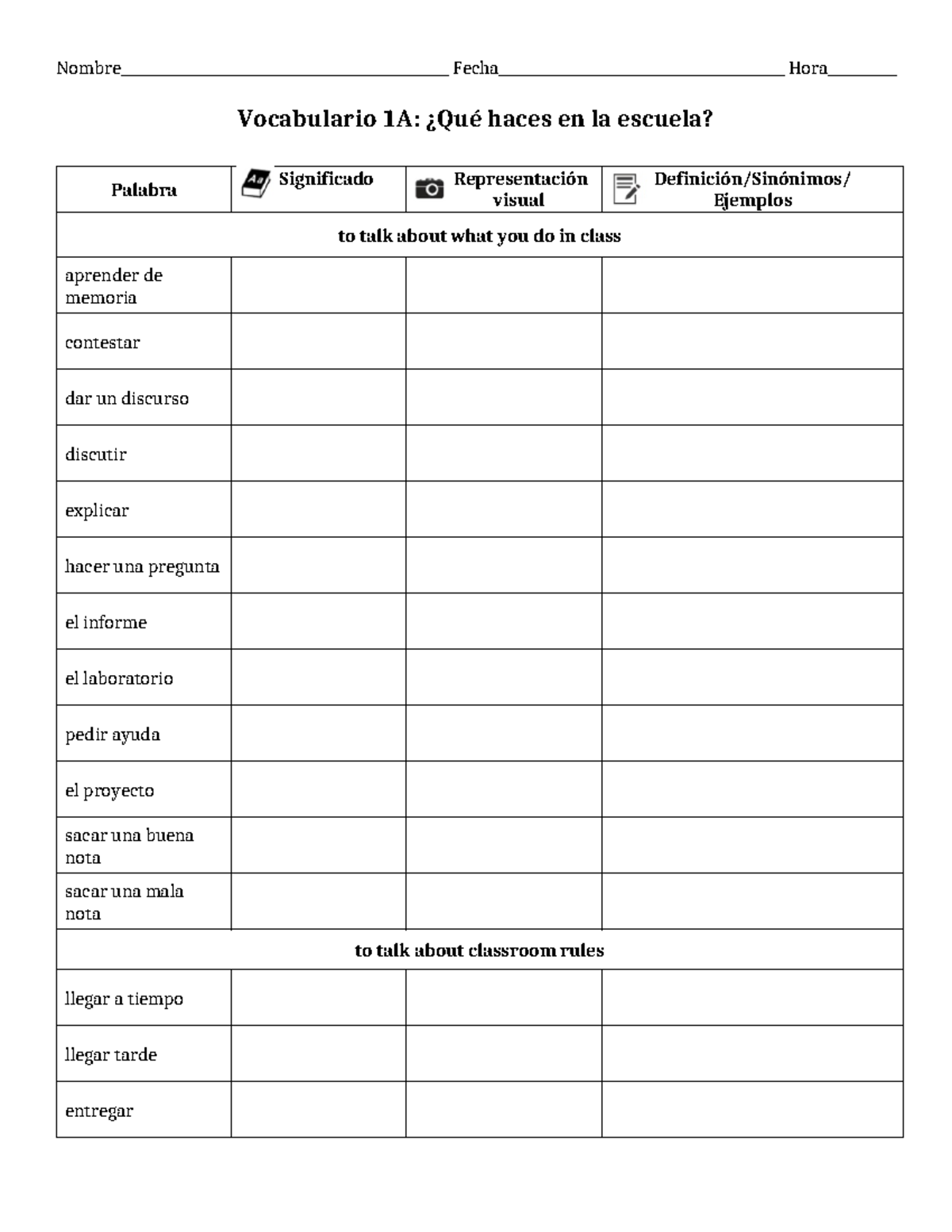 Vocabulary List 1AQuhacesenlaescuela Realidades 2Autntico 2-1 - Nombre ...