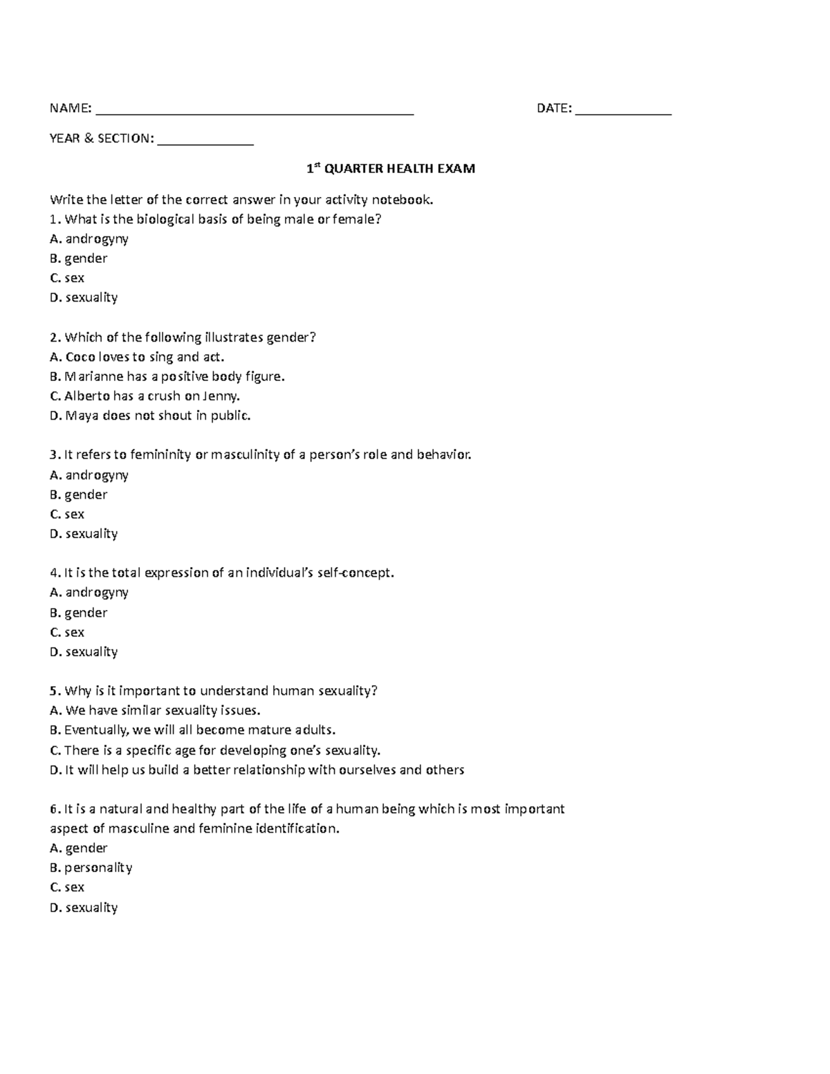 Health Exam: Gender & Sexuality – 1st Quarter Review - Studocu