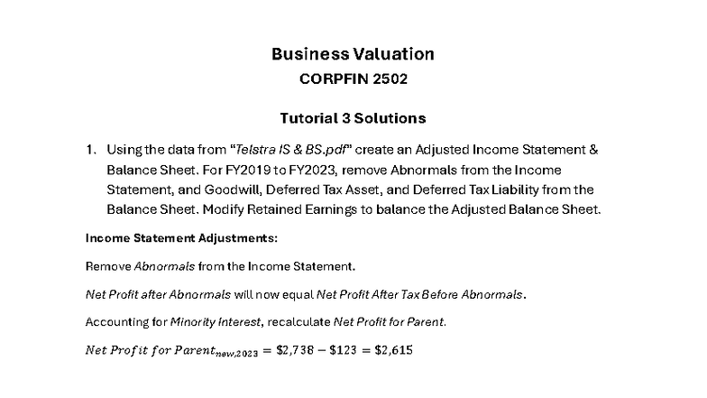 Adjusted Income Statement & Balance Sheet Solutions for CORPFIN 2502 ...