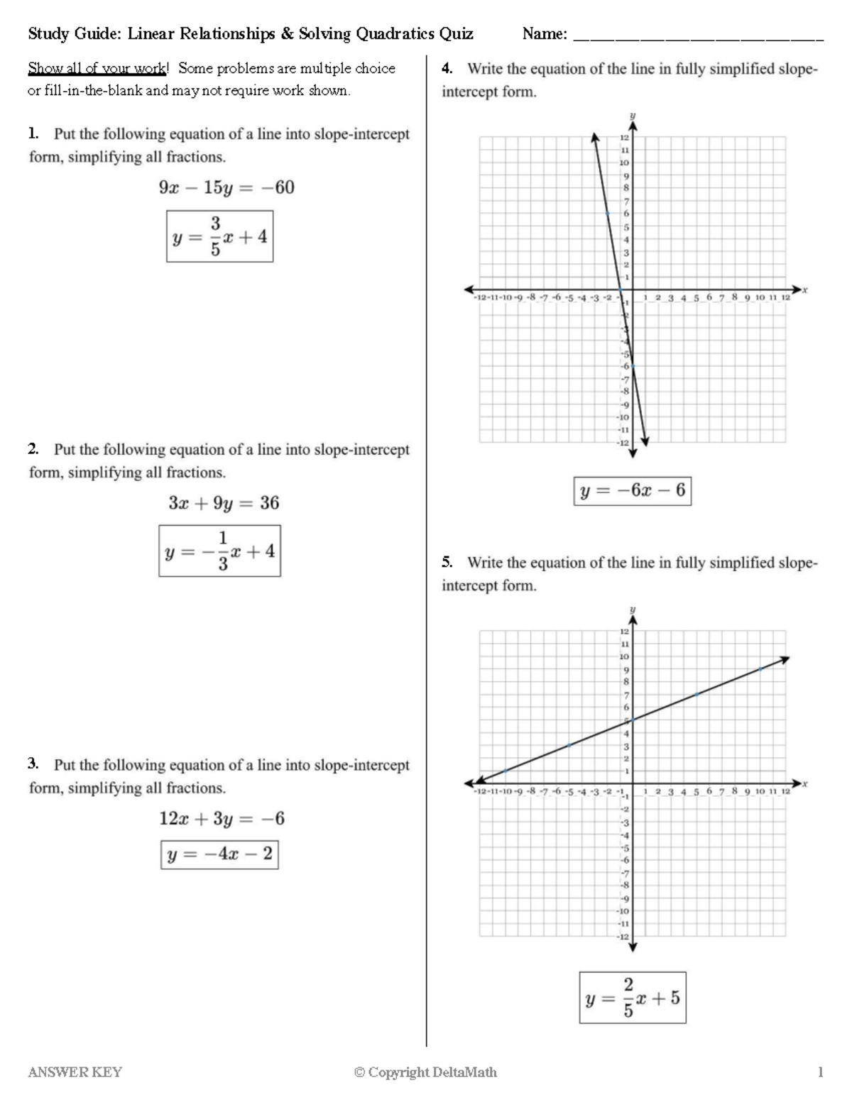 Linear Relationships & Quadratics Quiz Study Guide - Studocu