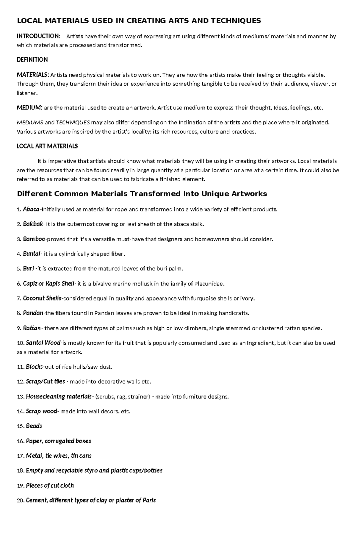 Contemporary Arts: Local Materials & Techniques in Creation - Studocu