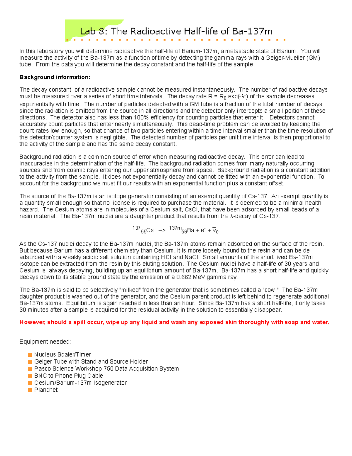 NE7303 Handout-5 Radioactive Half-life of Ba-137m - In this laboratory ...