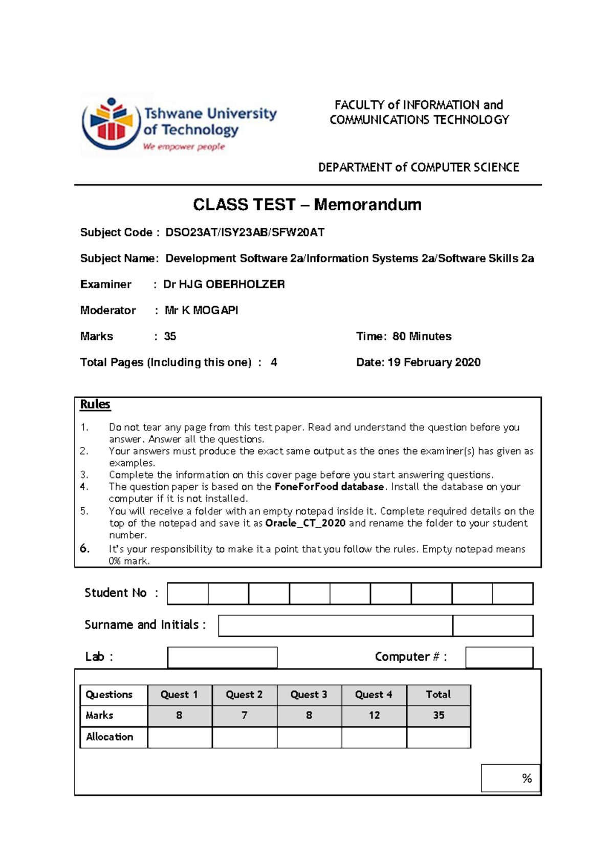 Class Test Memo - SQL Practice for DSO23AT/ISY23AB/SFW20AT - Studocu