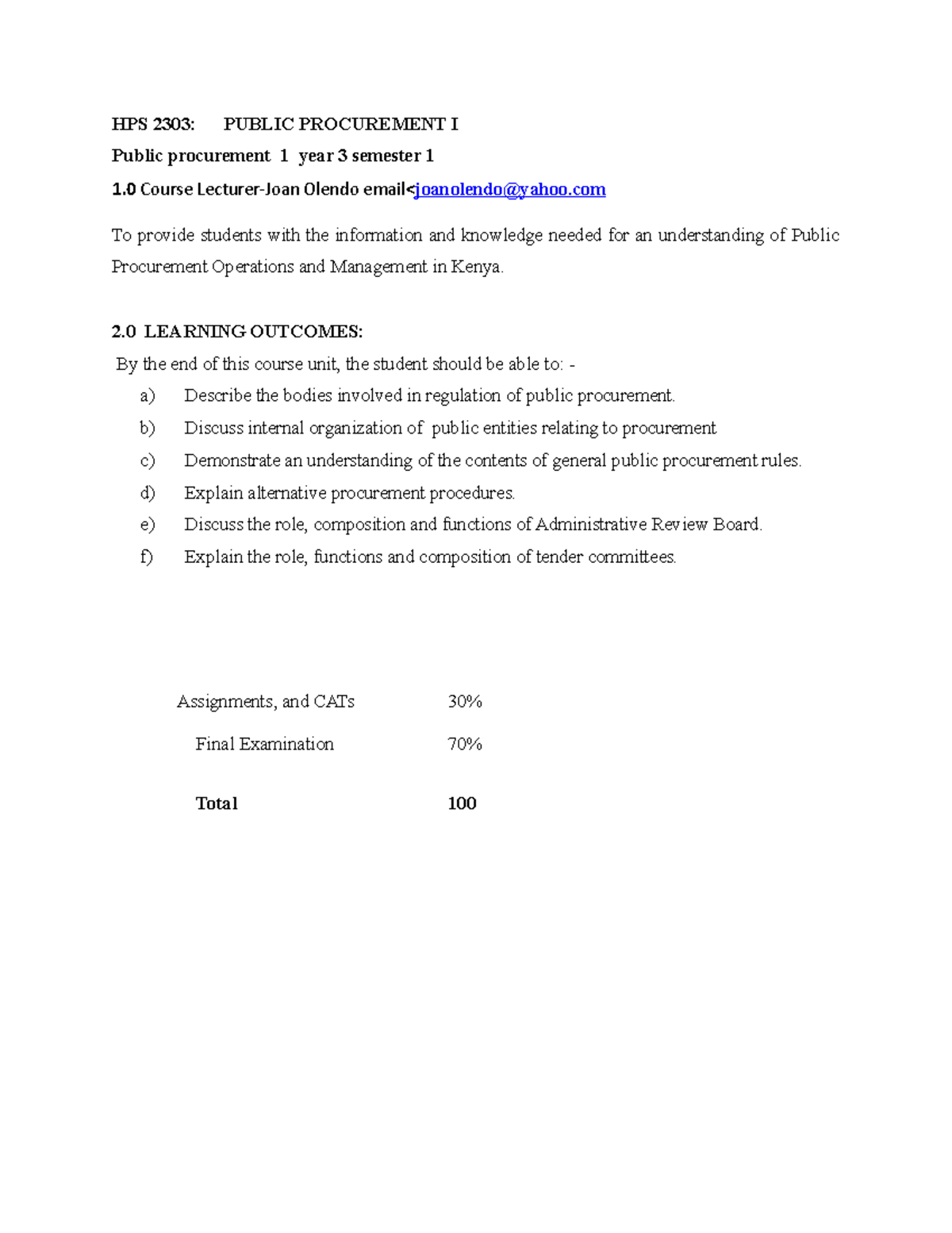 HPS 2303: Public Procurement I - Comprehensive Course Outline - Studocu