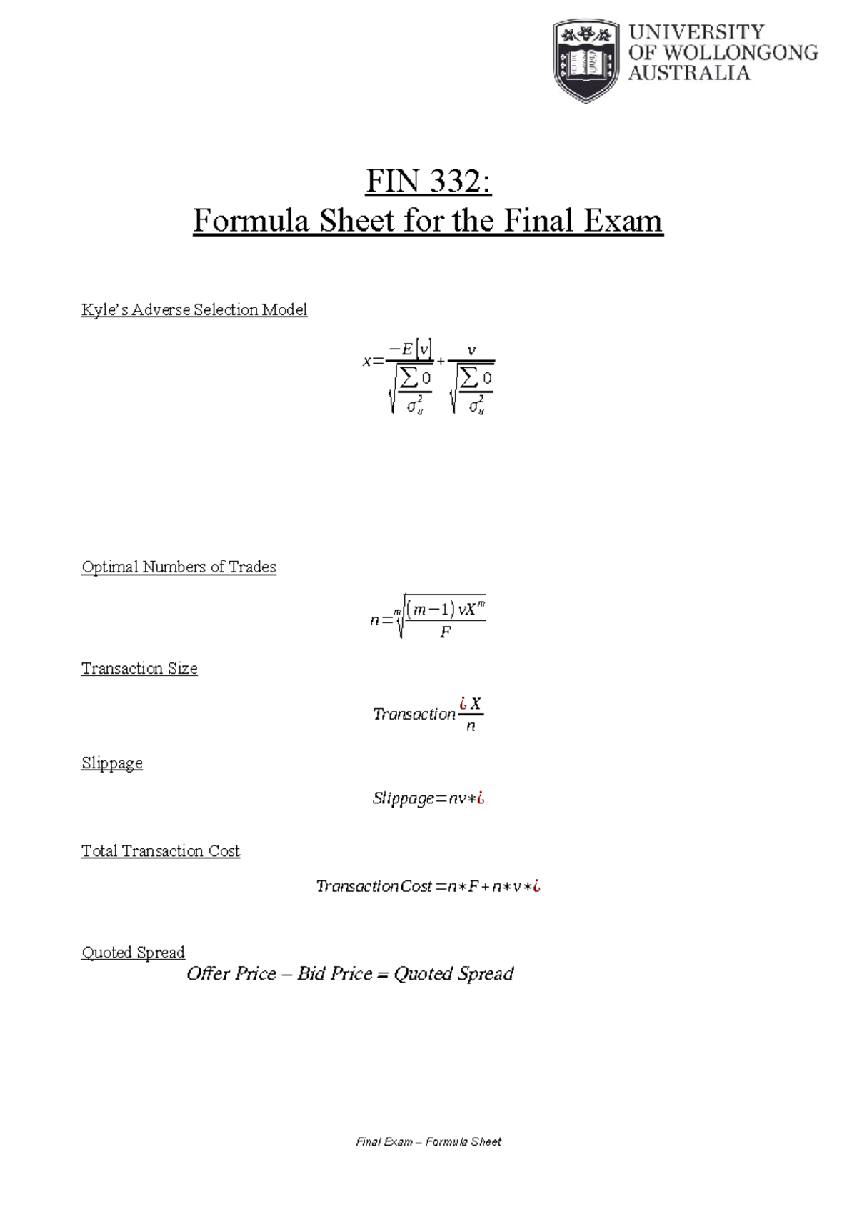 FIN 332: Comprehensive Formula Sheet for Final Exam - Studocu