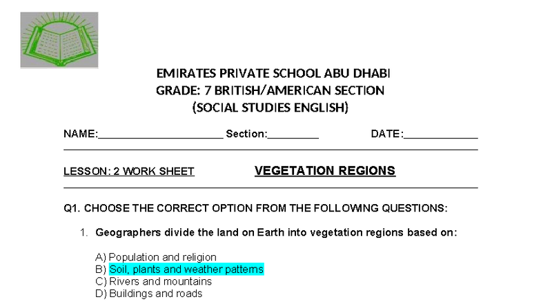 Lesson 2 Worksheet: Vegetation Regions (Grade 7 Social Studies) - Studocu