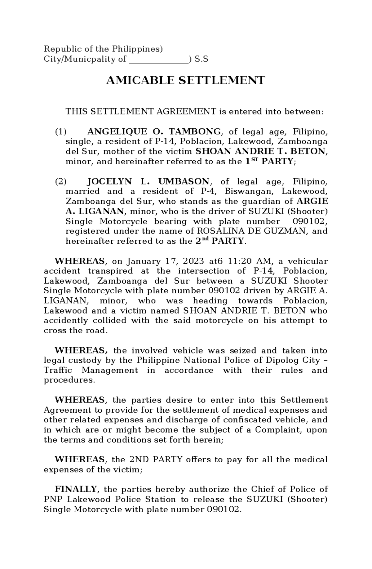 Amicable Settlement Agreement: Angelique Tambong & Jocelyn Umbason ...