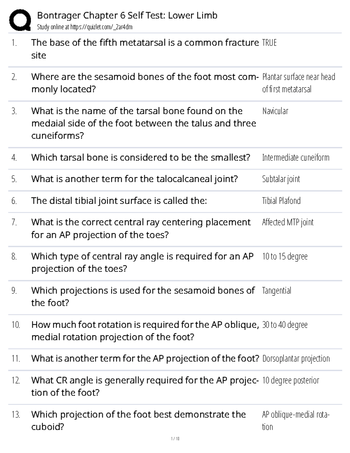Bontrager CH6 Self Test: Lower Limb Answers & Key Concepts - Studocu