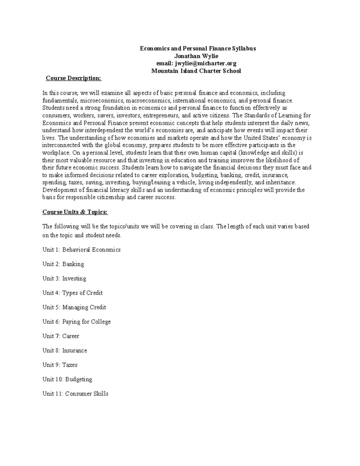 Personal Finance and Economics Syllabus - Economics and Personal ...