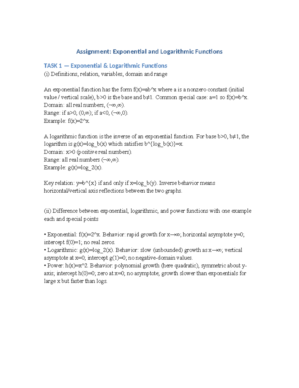Assignment MATH: Exponential & Logarithmic Functions Analysis - Studocu