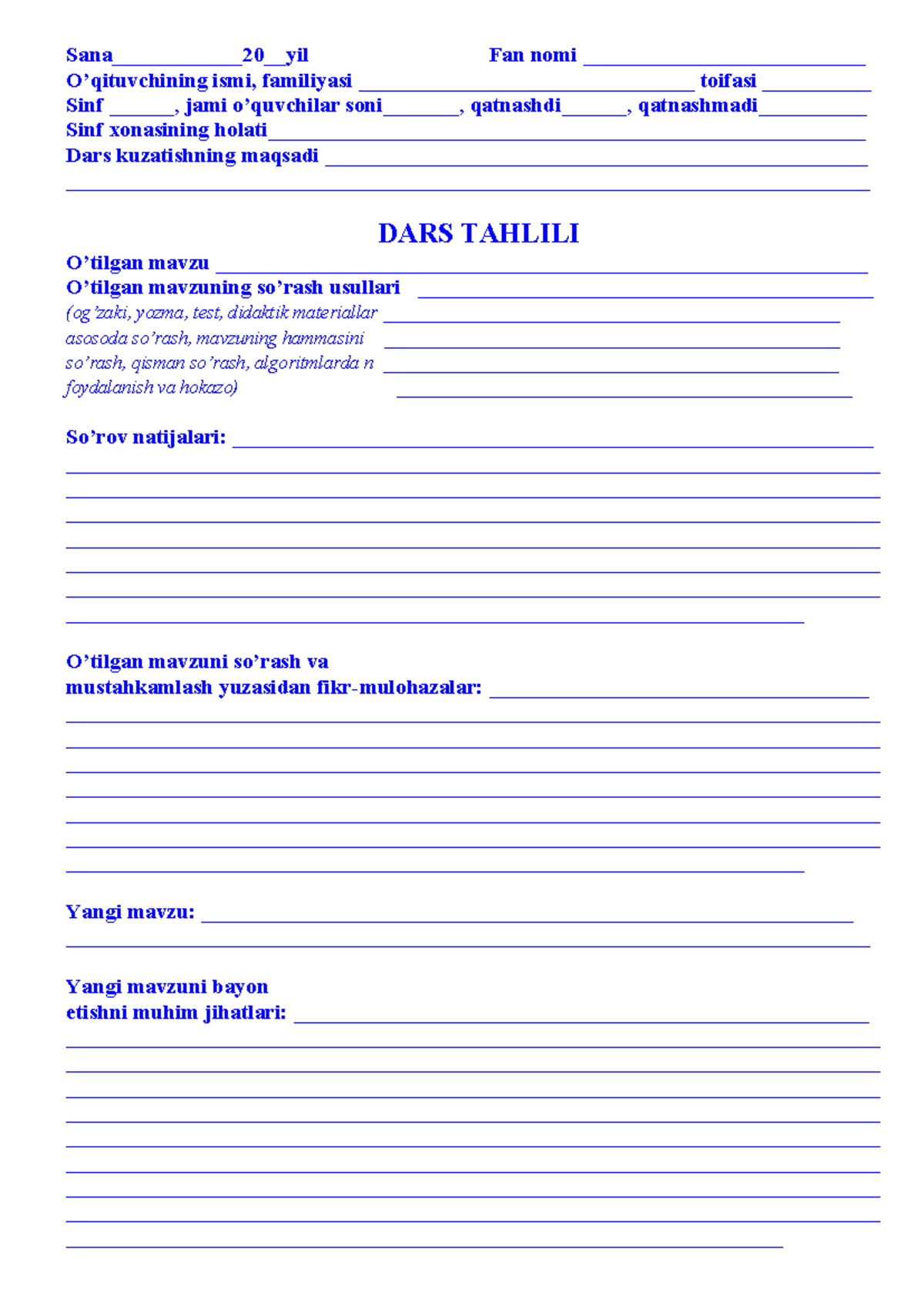 Dars tahlili namuna - O'qituvchi kuzatish hujjati (2023) - Studocu