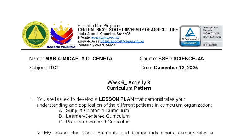 Activity 8 Lesson Plan on Curriculum Patterns for BSED 4A - ITCT - Studocu