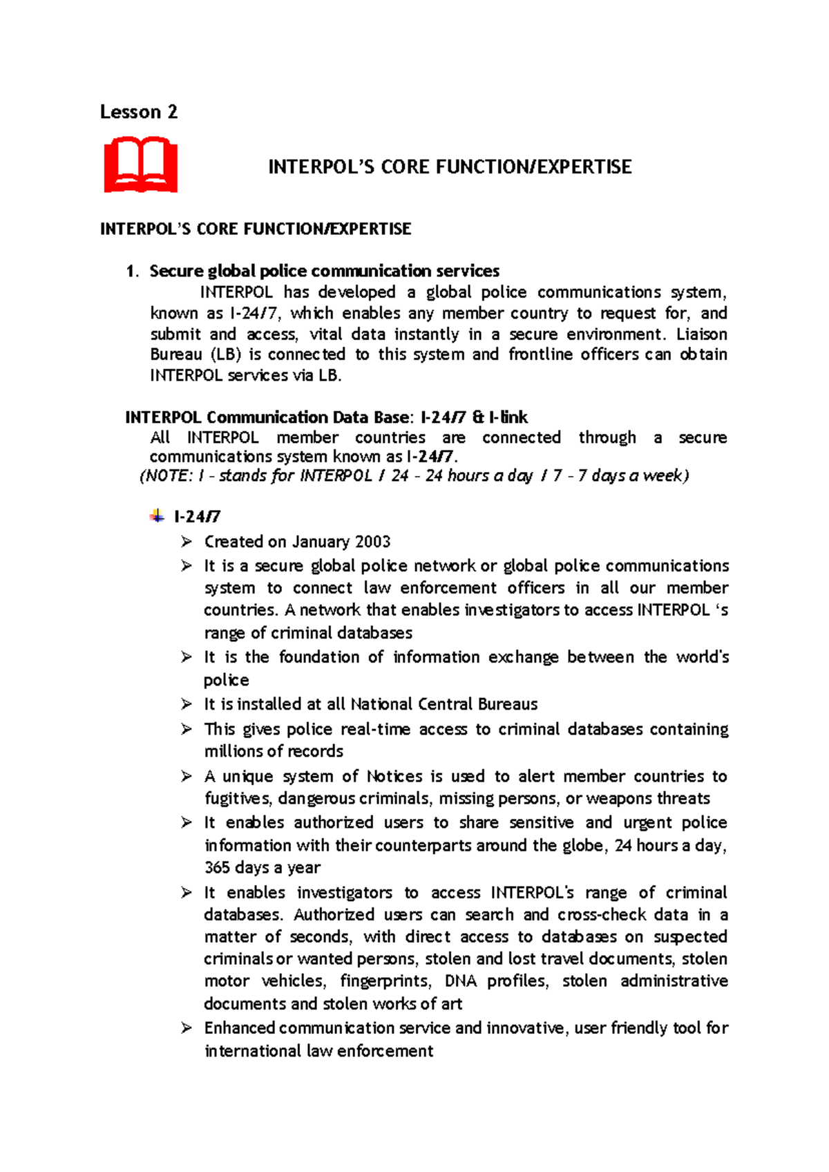 Interpol core functions - Lesson 2 INTERPOL’S CORE FUNCTION/EXPERTISE ...