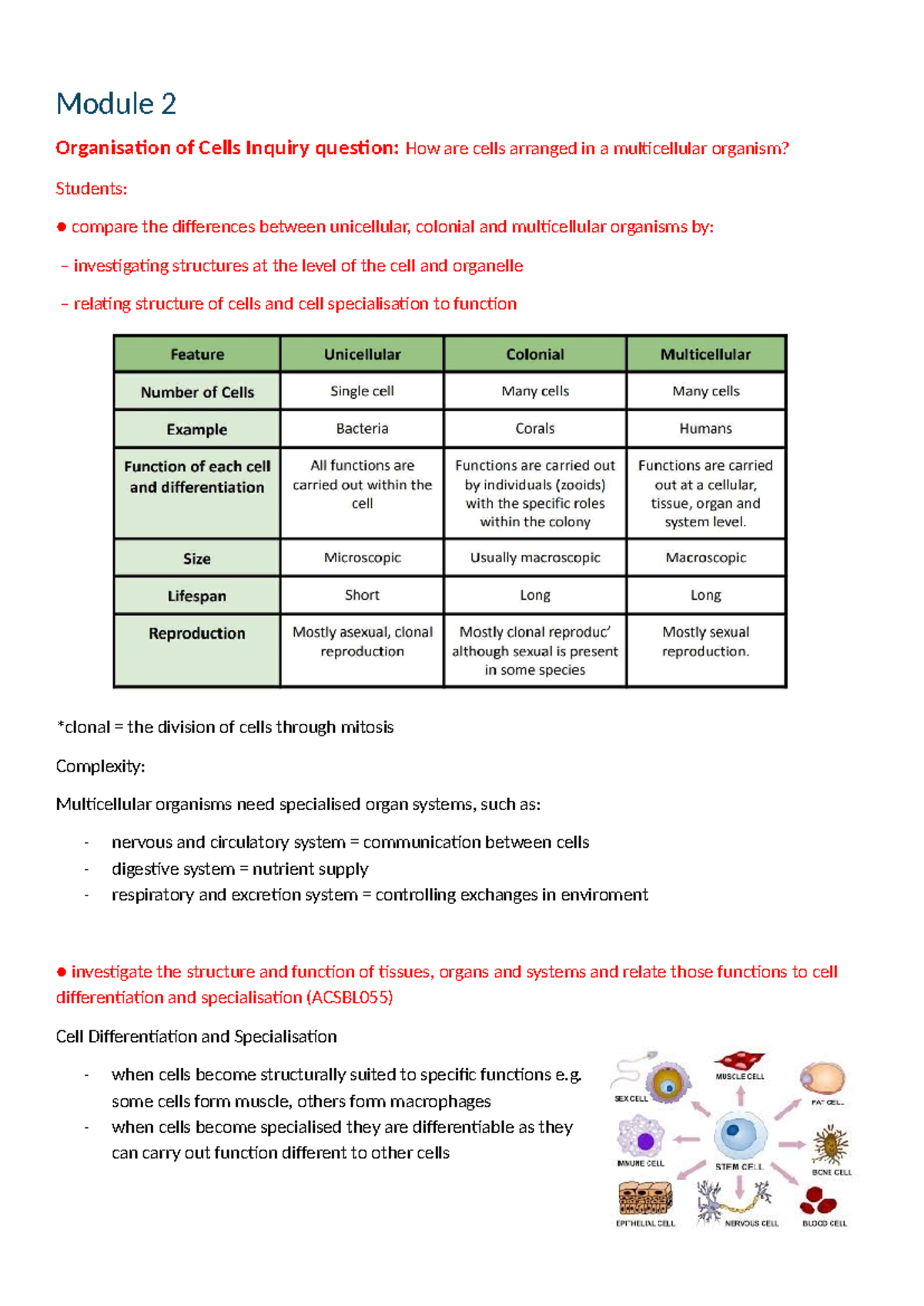 MOD 2 BIO - Organisation of Cells and Transport Systems Notes - Studocu