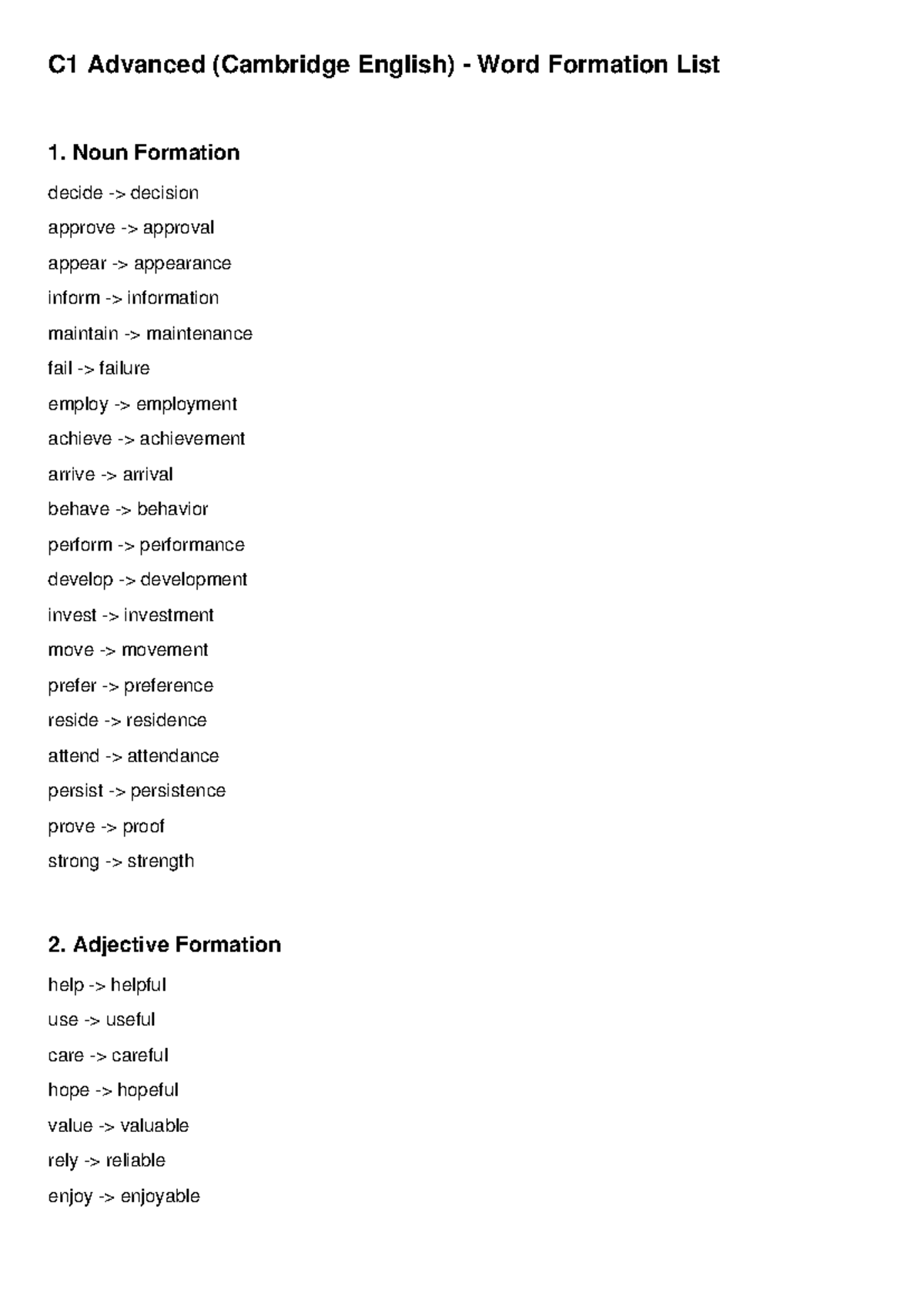 C1 Advanced (Cambridge English) Word Formation List: Nouns, Adjectives ...