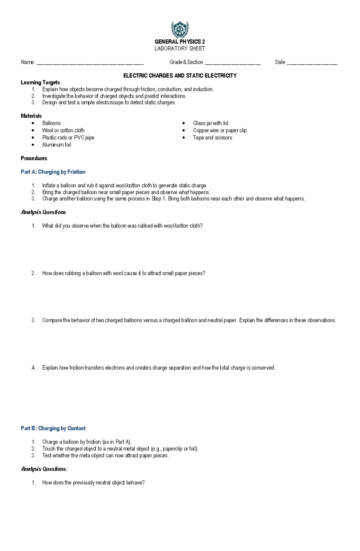 Q3 L1 Electric Charges & Static Electricity Lab Sheet - Studocu