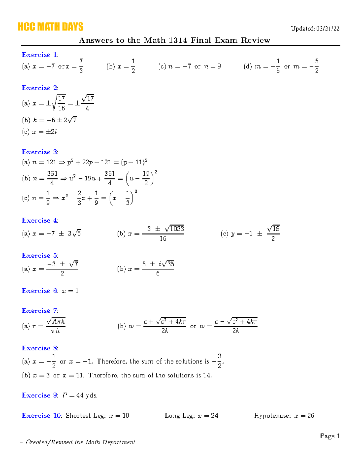 Math 1314 Final Exam Review Key & Solutions - Studocu