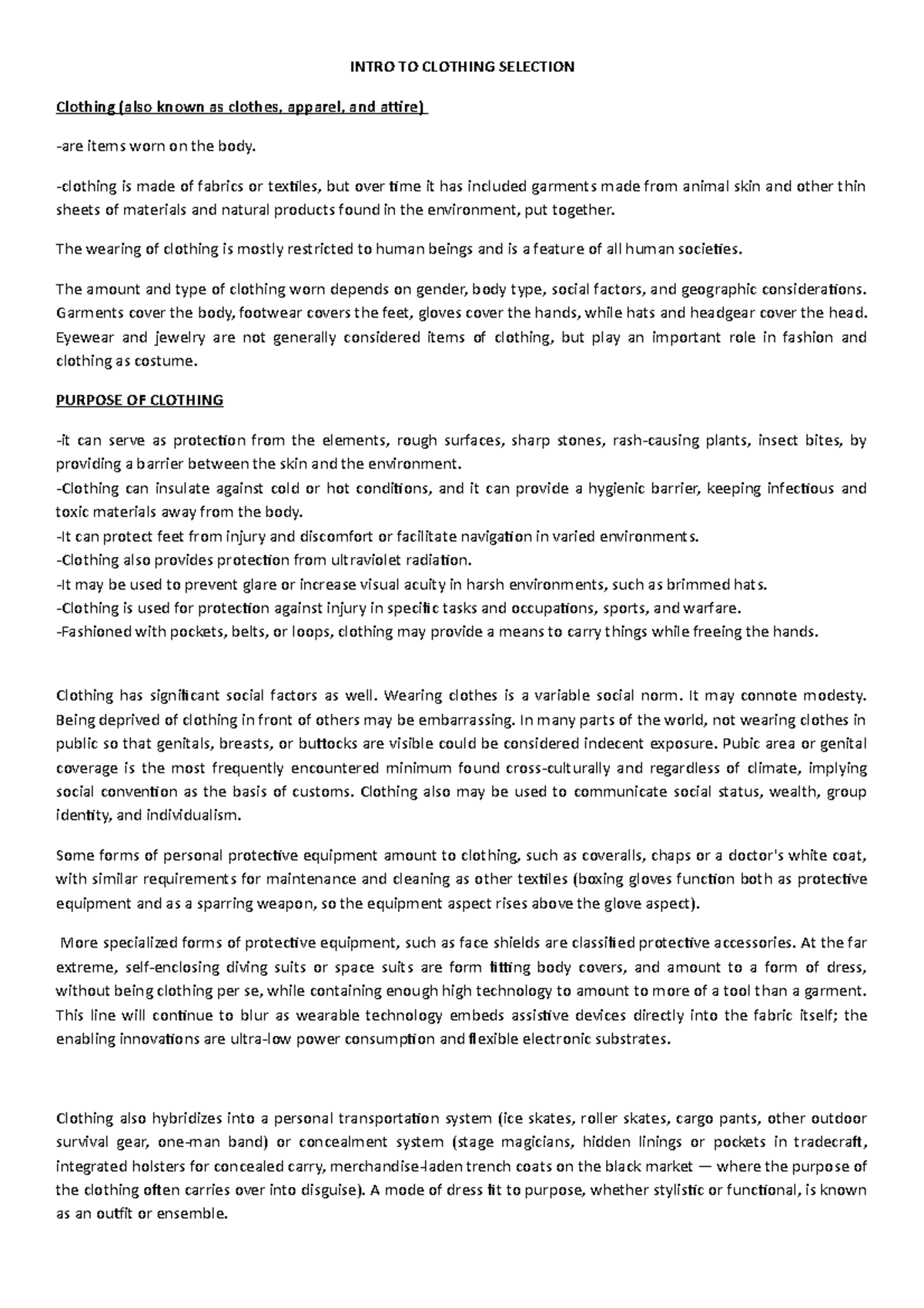 Clothing Selection and Care: A Comprehensive Overview - Studocu