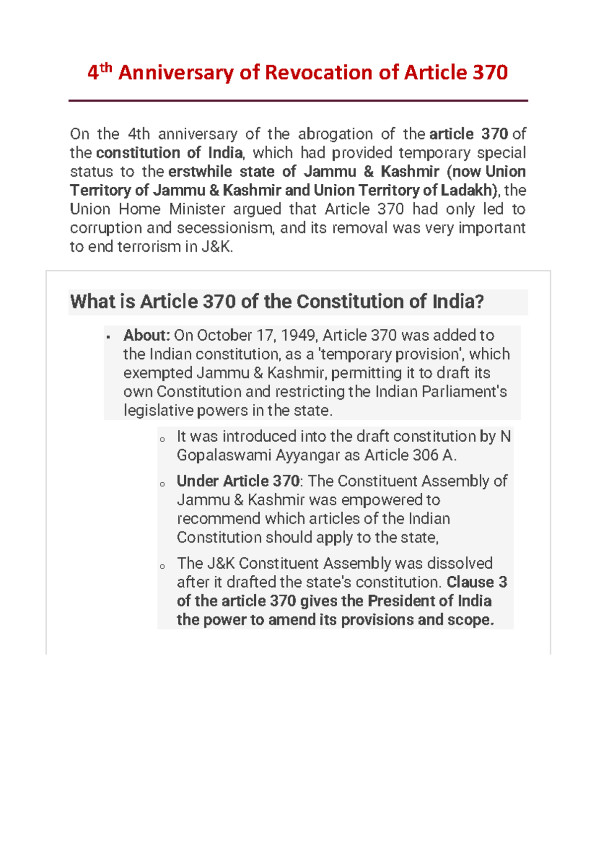 4th Anniversary of Revocation of Article 370 - What is Article 370 of ...