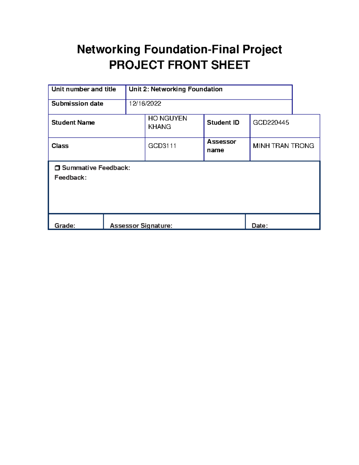 Project. pdf - Networking Foundation-Final Project PROJECT FRONT SHEET ...