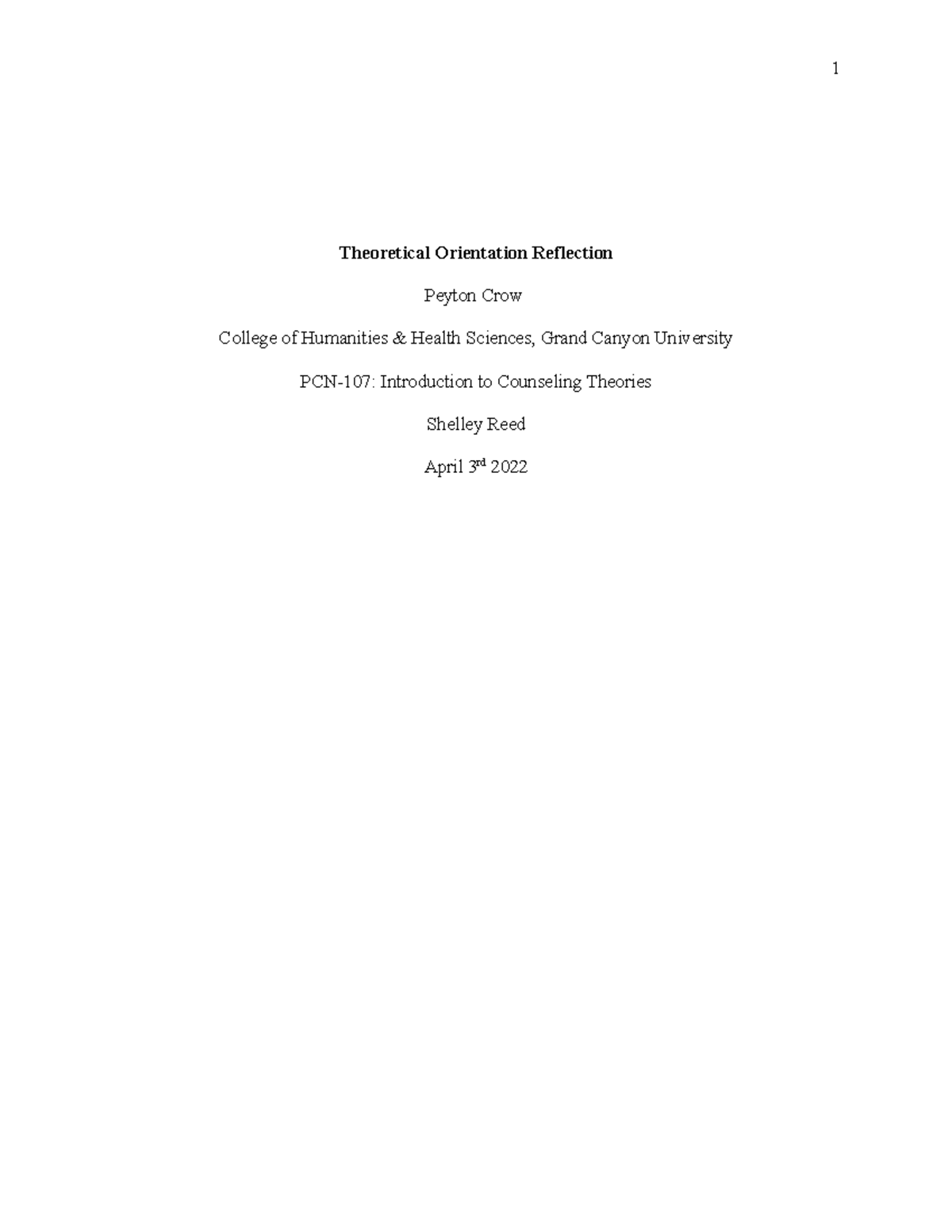 PCN-107: Theoretical Orientation Reflection Essay on Counseling ...