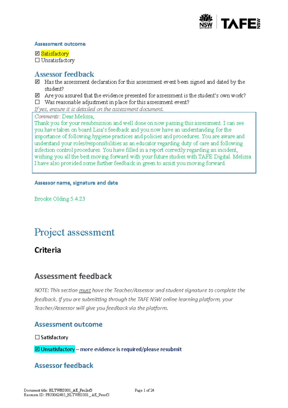 HLTWHS001 | Assessment Project 2 Feedback & Review Notes - Studocu