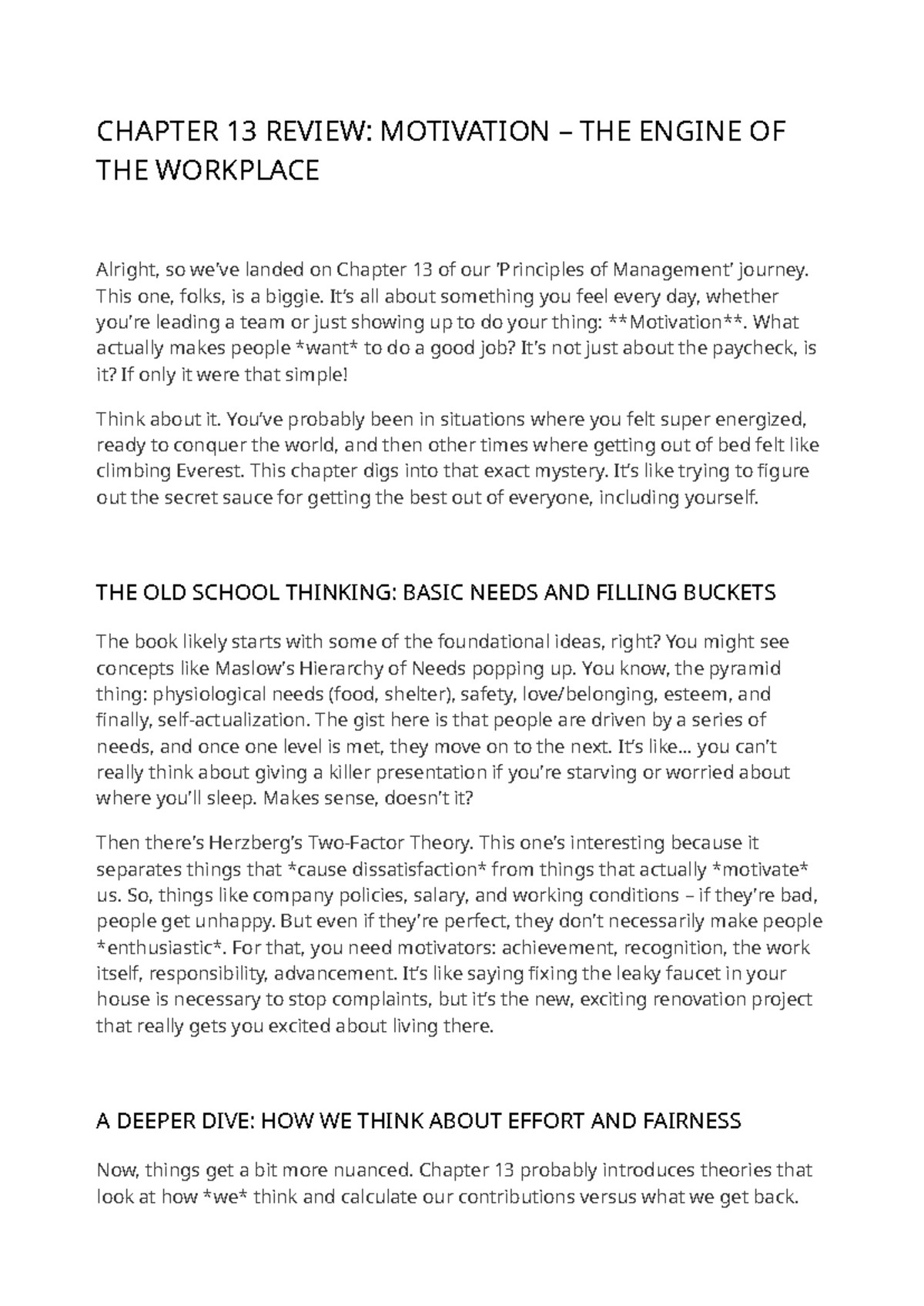 CHAPTER 13 REVIEW: MOTIVATION IN PRINCIPLES OF MANAGEMENT - Studocu