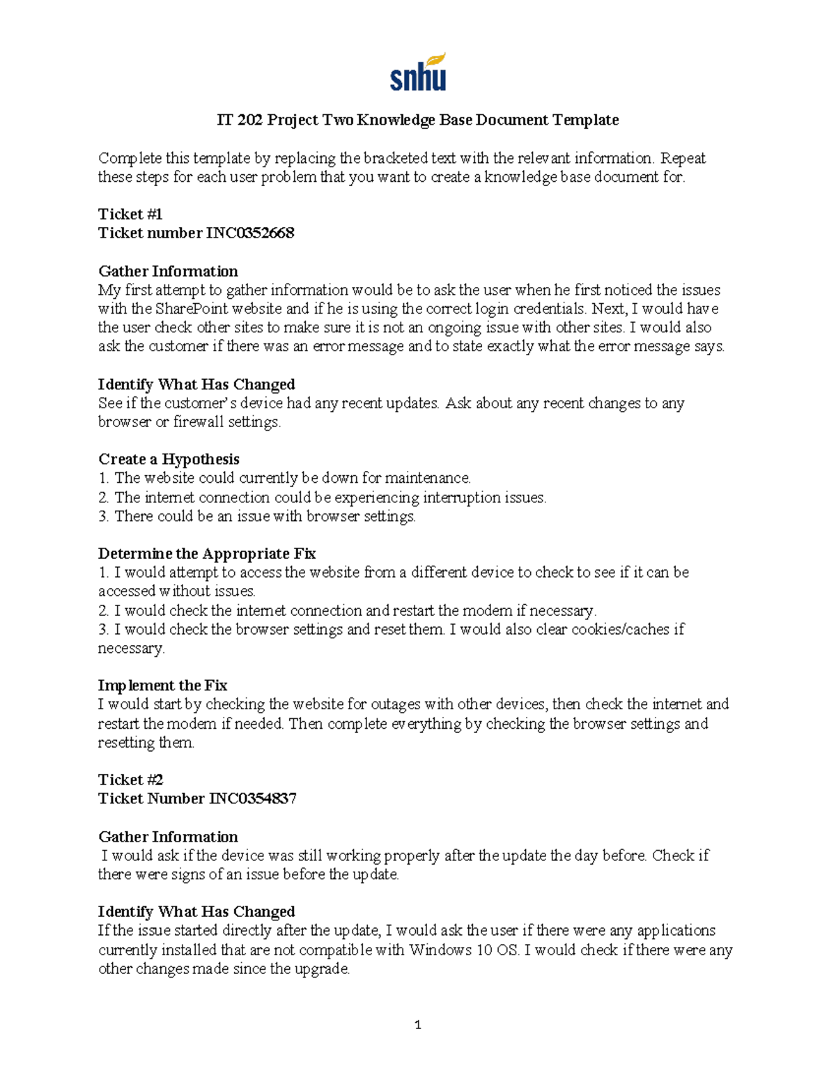 IT 202 Project 2 Milestone: Knowledge Base Document Template - Studocu