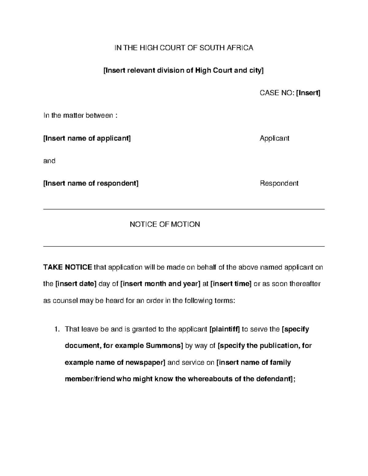 Civil 25 High Court Notice of Motion for Substituted Service Template ...