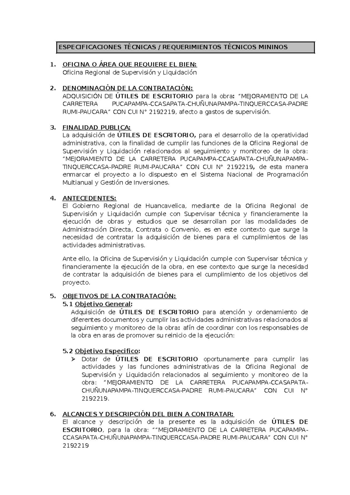 ESPECIFICACIONES TÉCNICAS PARA ADQUISICIÓN DE ÚTILES DE ESCRITORIO CUI ...