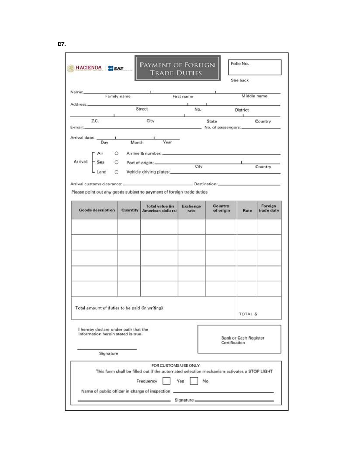 D7. Hacienda Payment of Foreign Trade Duties Form - Studocu