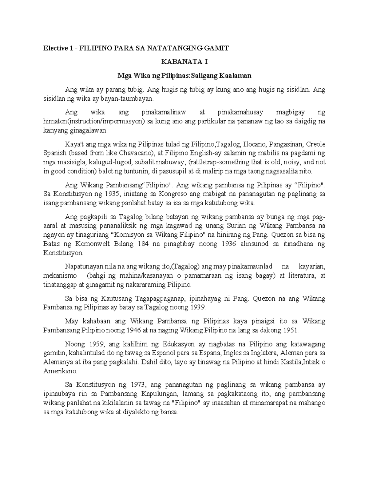 Elective 1 - Filipino para sa Natatanging Gamit: Kabanata I & II - Studocu