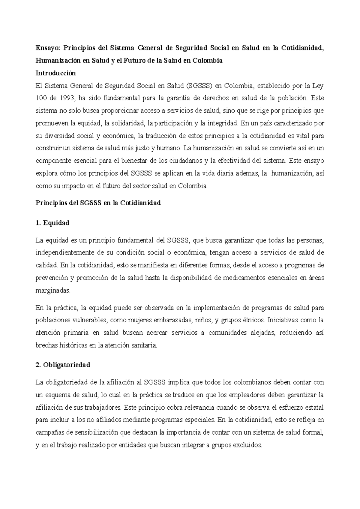 Ensayo SGSSS: Principios y Humanización en la Salud Colombiana - Studocu