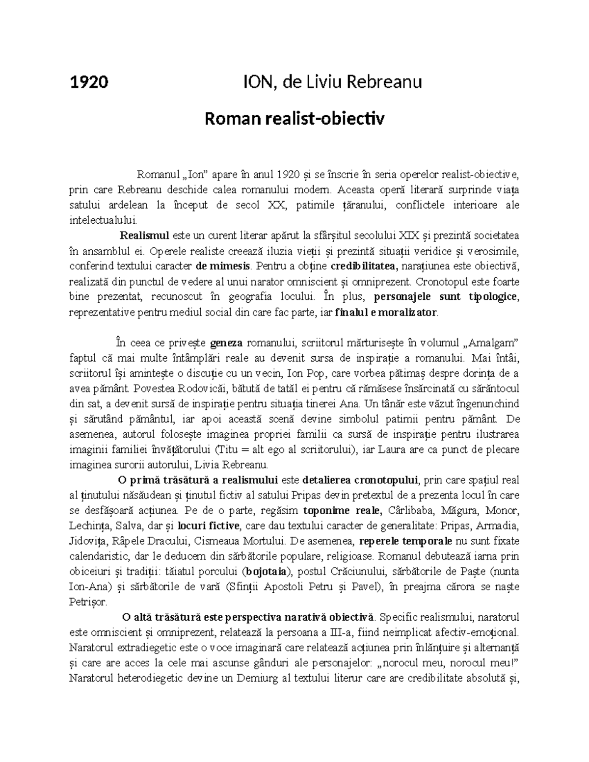 ION - Trăsăturile Realismului în Romanul lui Rebreanu - Studocu