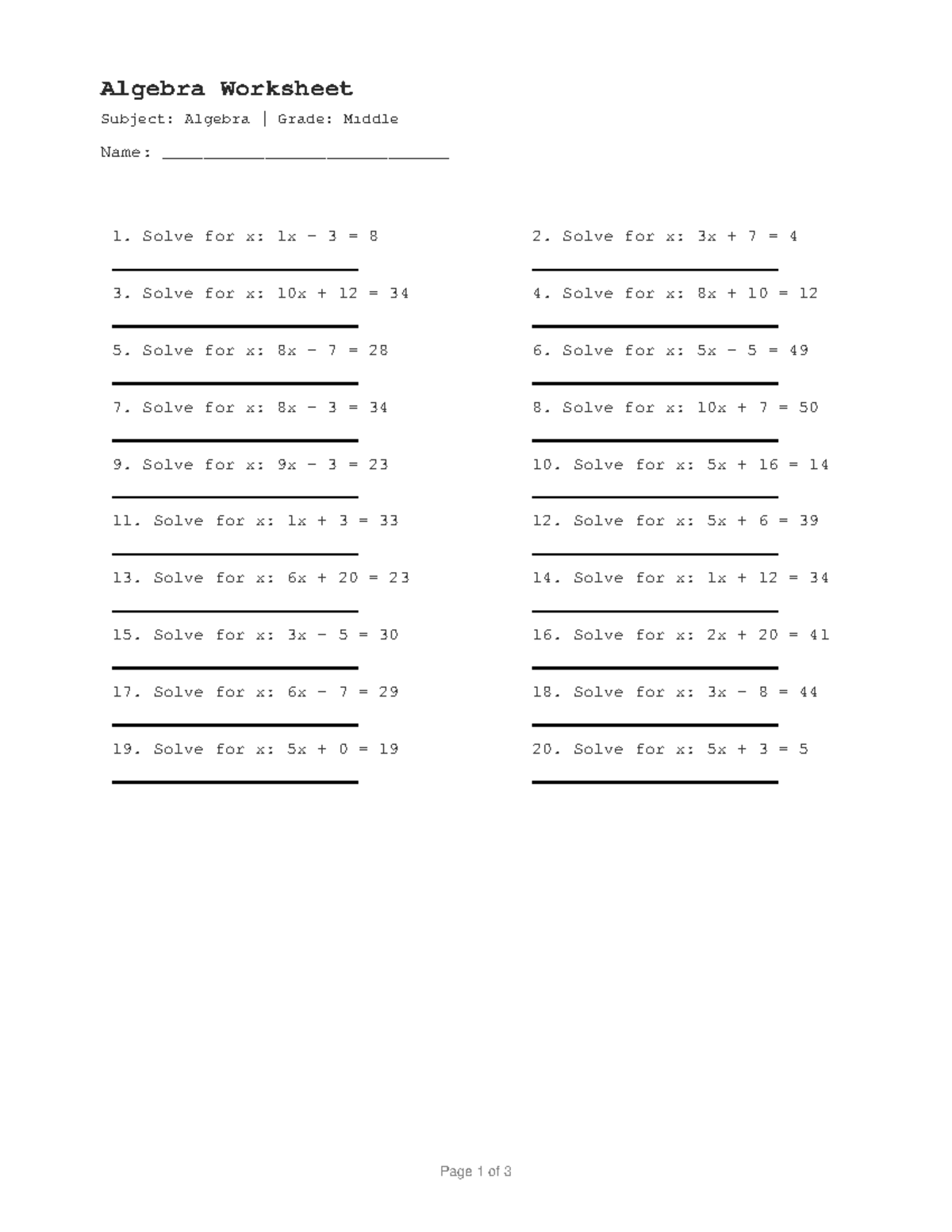 Algebra Worksheet 1: Solve for x Problems and Answers - Studocu