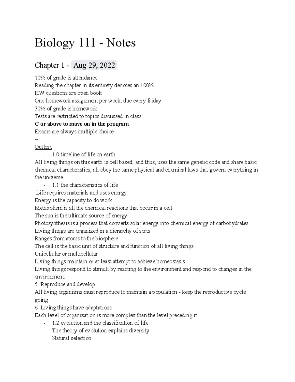 Biology 111 - Notes - Biology 111 - Notes Chapter 1 - Aug 29, 2022 10% ...