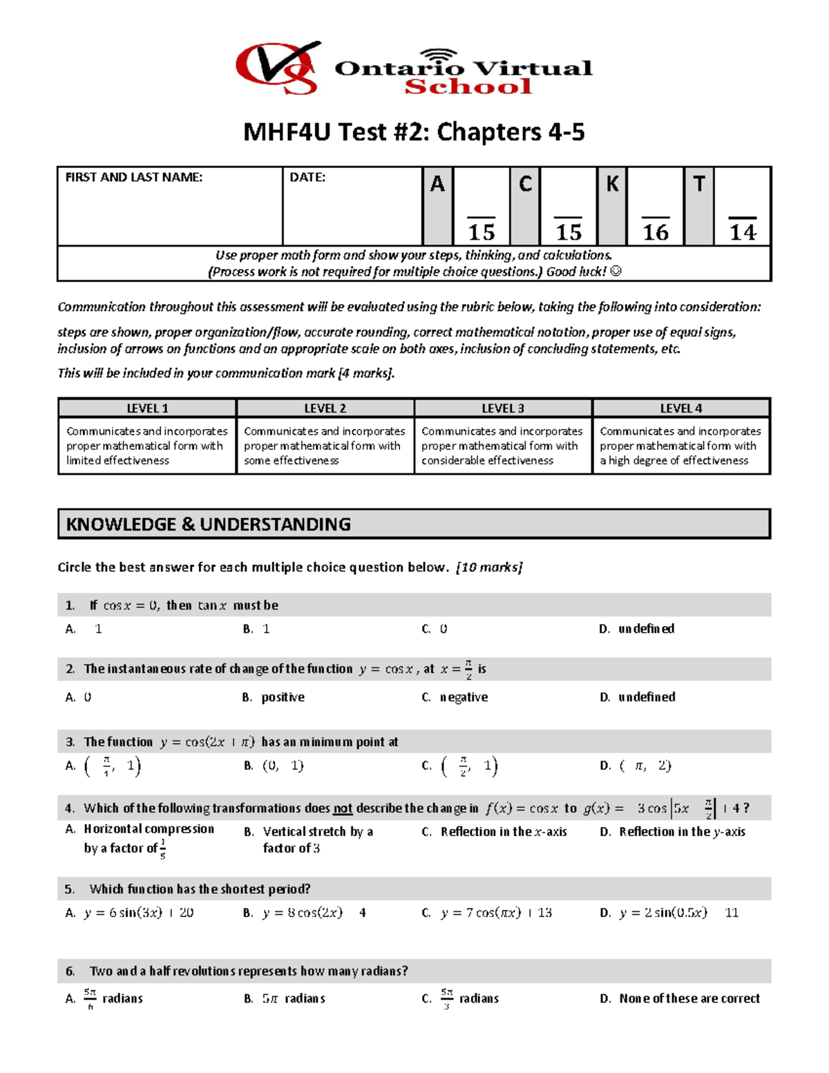 MHF4U Unit 2 Test Review and Practice Questions - Studocu