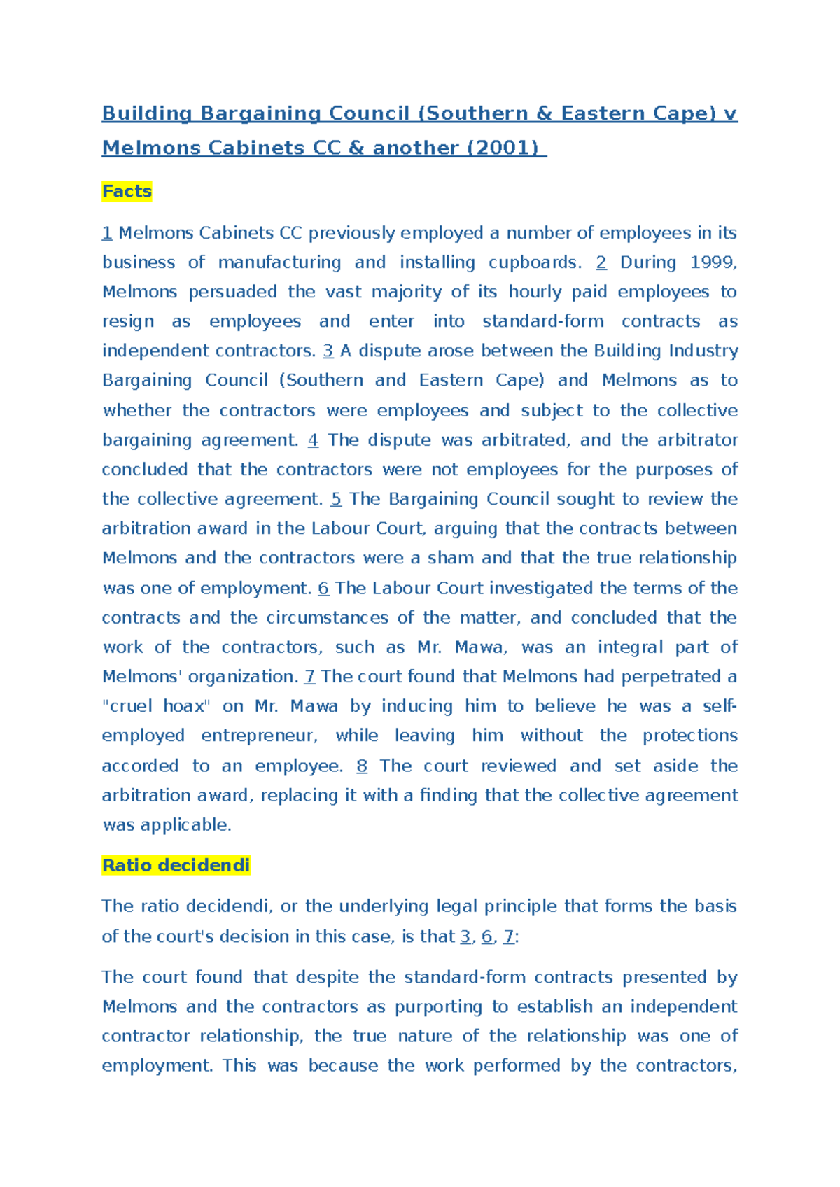 Summary - Building Bargaining Council - Building Bargaining Council (Southern & Eastern Cape) v ...